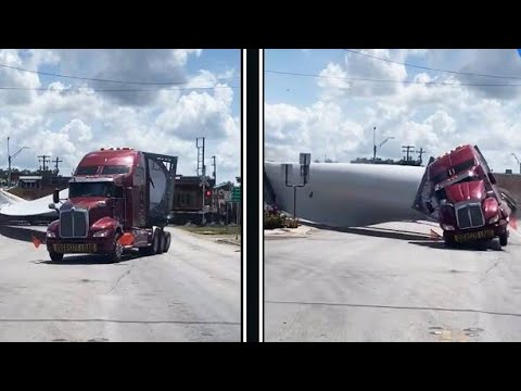 Train in Texas collides with Truck hauling Wind Turbine Blade | Shocking Clips.
