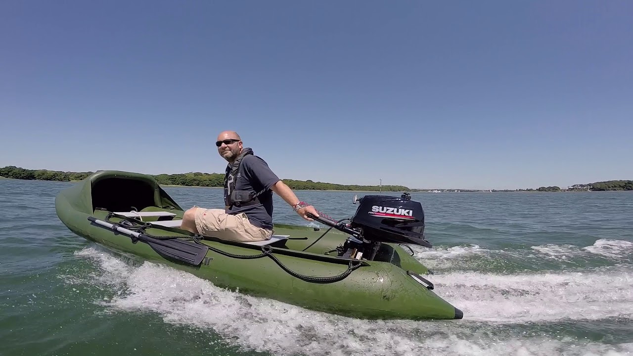 SpearFish inflatable motor canoe at speed - YouTube
