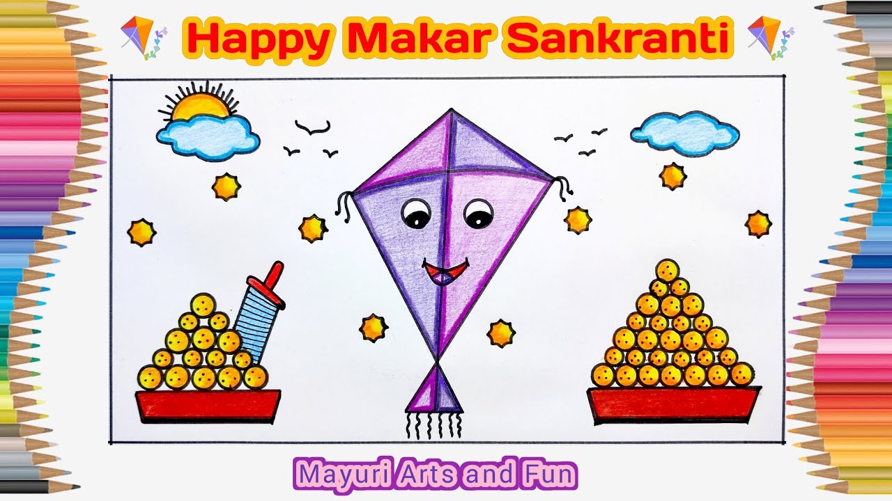 Makar Sankranti Drawing Step by Step Easy for Beginners | Kite Festival ...