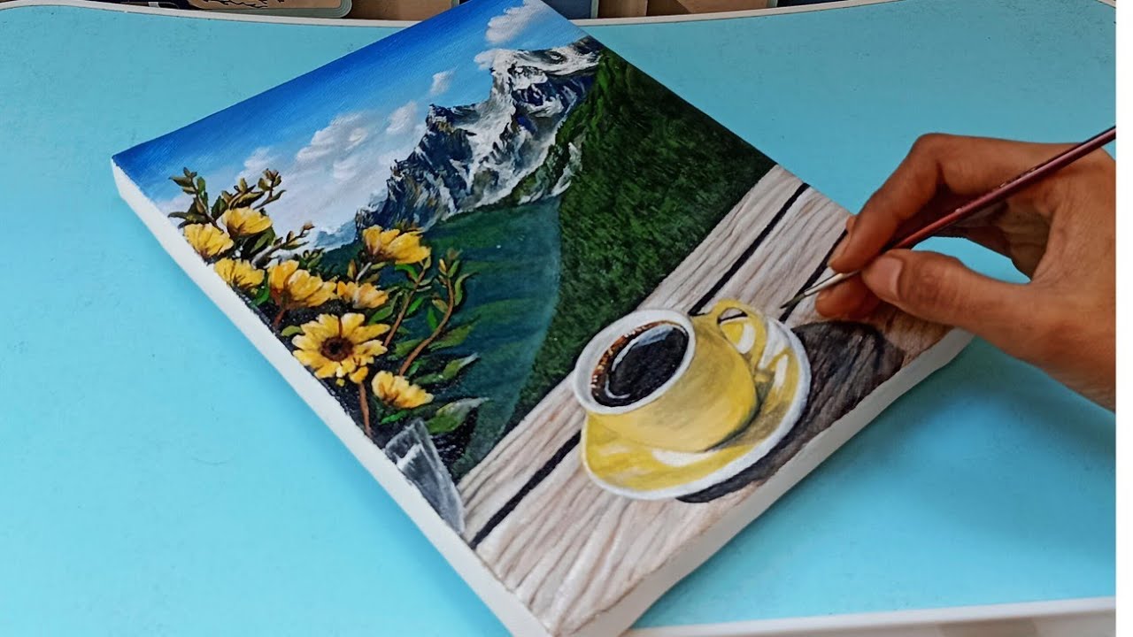 How to paint Morning scenery with a cup of coffee 🍵/Acrylic painting ...