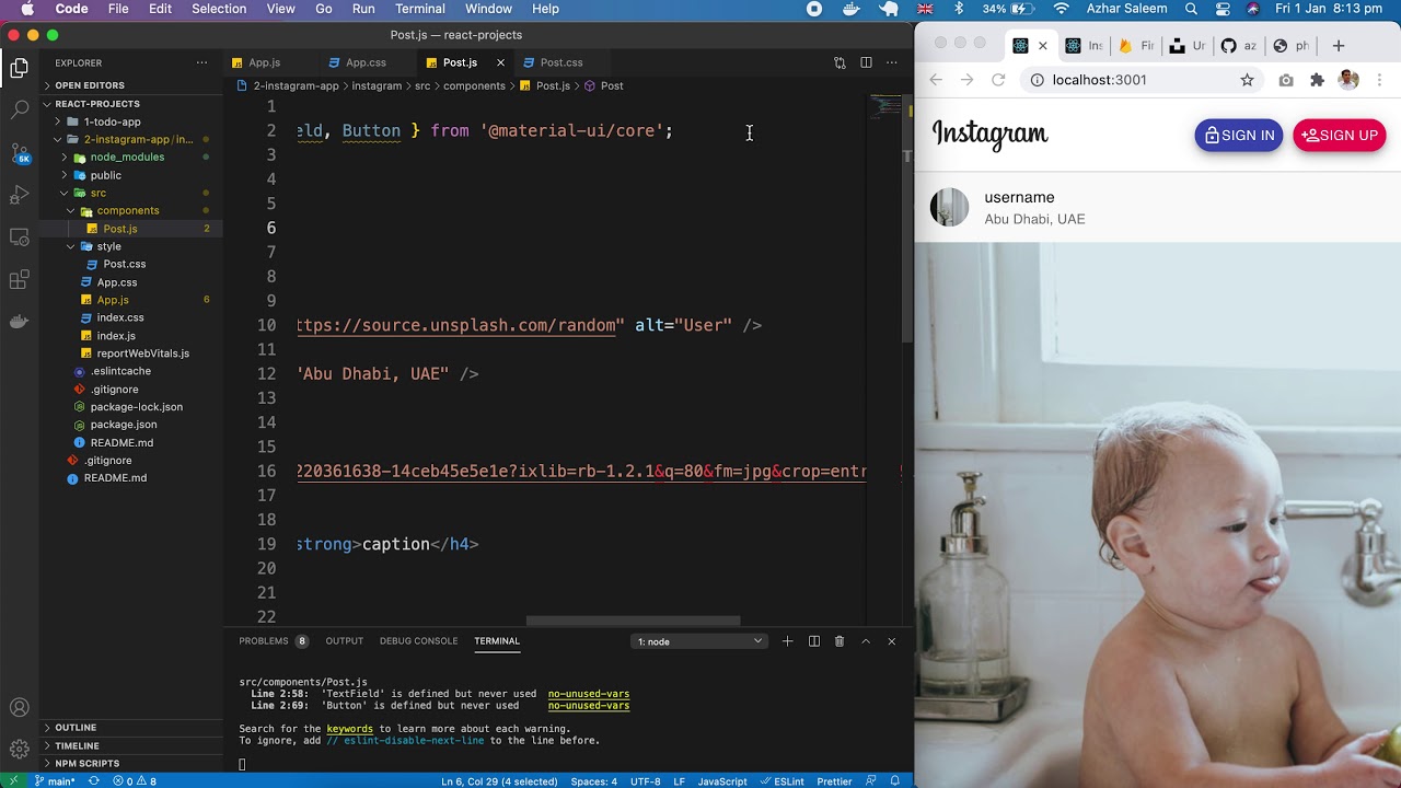 React js Instagram App post component design part 4 - YouTube