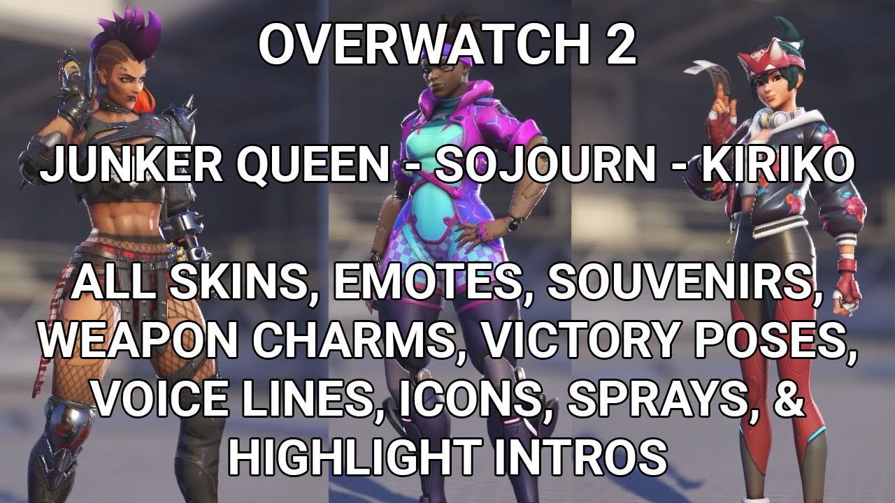 Overwatch 2 Junker Queen Sojourn Kiriko ALL Skins Emotes Souvenirs ...