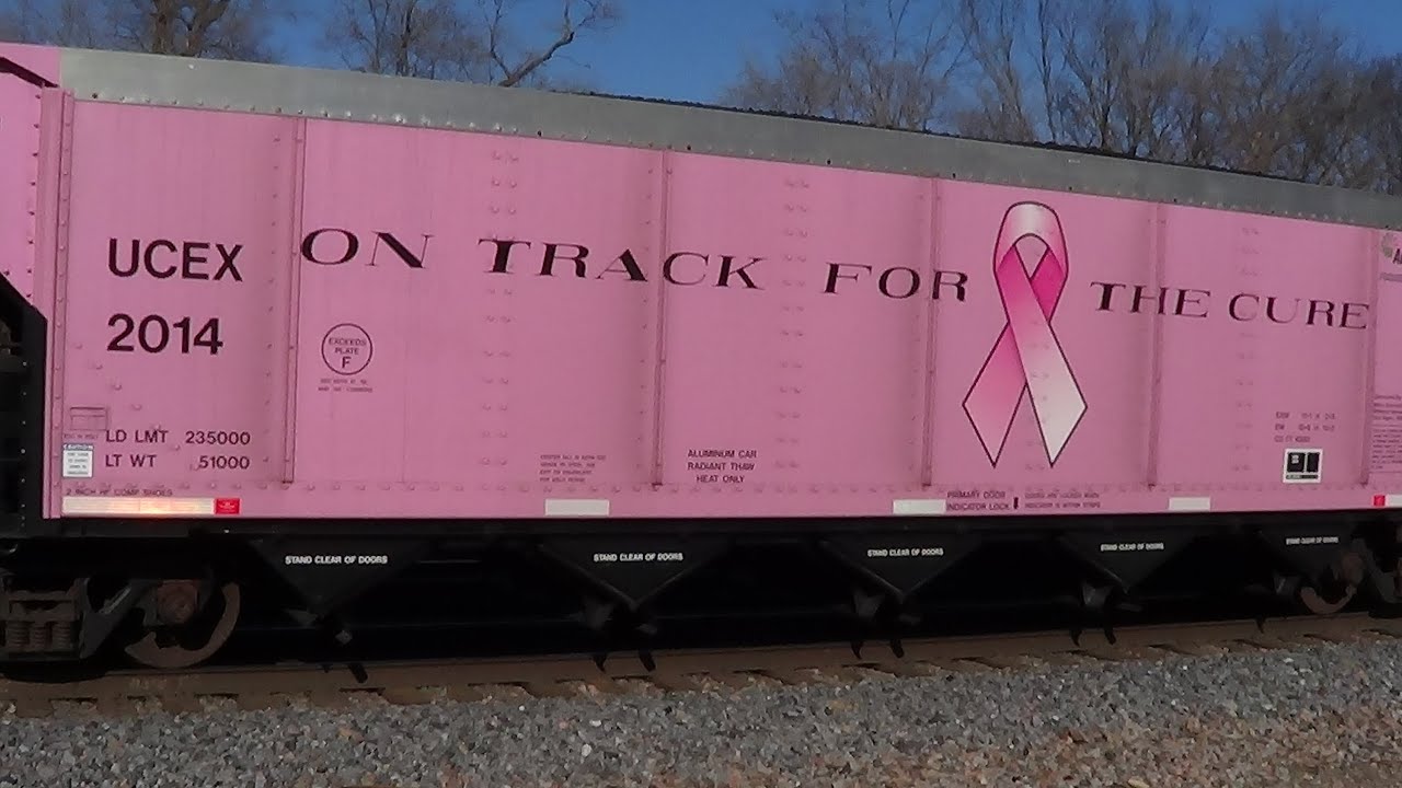 BNSF Coal Trains Meet; One with Pink Breast Cancer Awareness Car - YouTube