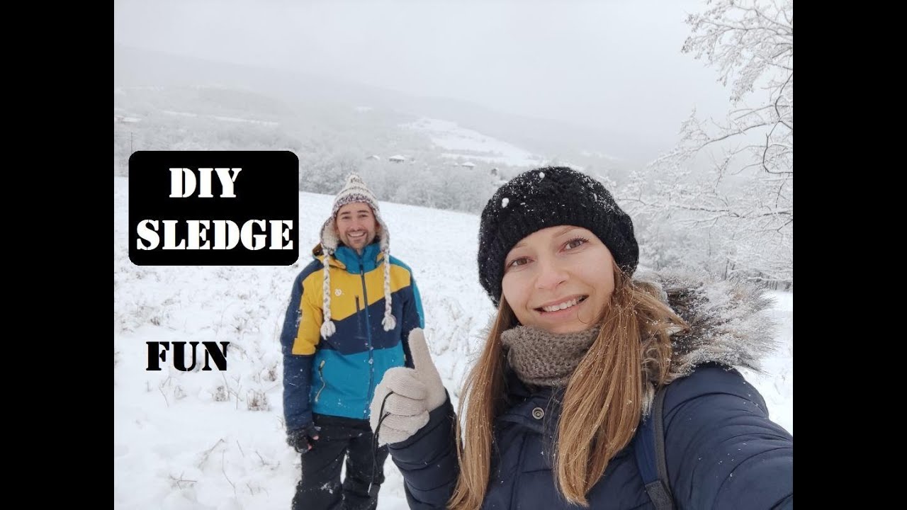A snowy day in the village and fun with a DIY Sledge. - YouTube