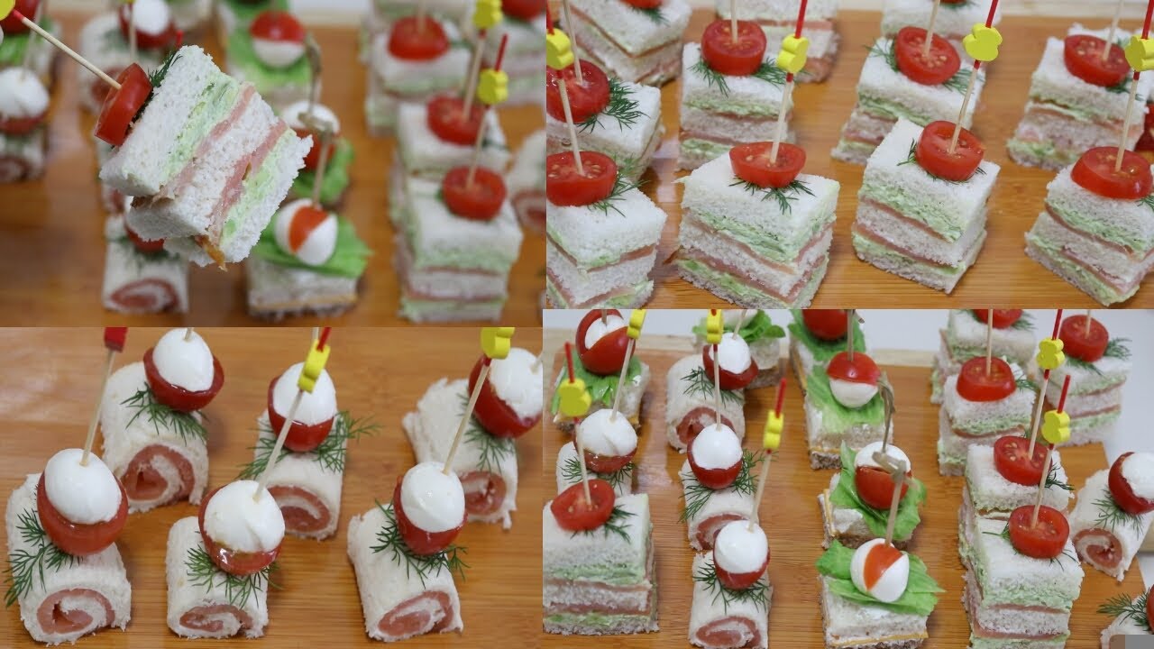 Mini rolls with toasted bread and tasty layered snacks / Canapes ...