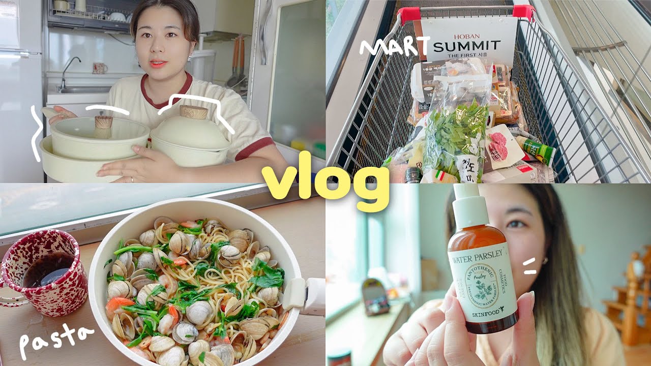 자취 3일차 처음으로 장을 봤다 🛒 첫 요리 미나리 파스타 만들어먹기🌿feat 스킨푸드 워터파슬리 스킨케어 Youtube