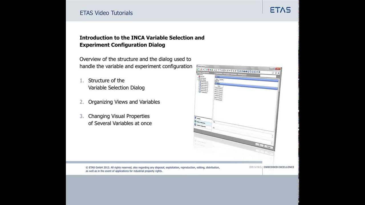 ETAS INCA V7 Variable Selection and Experiment Configuration Dialog ...