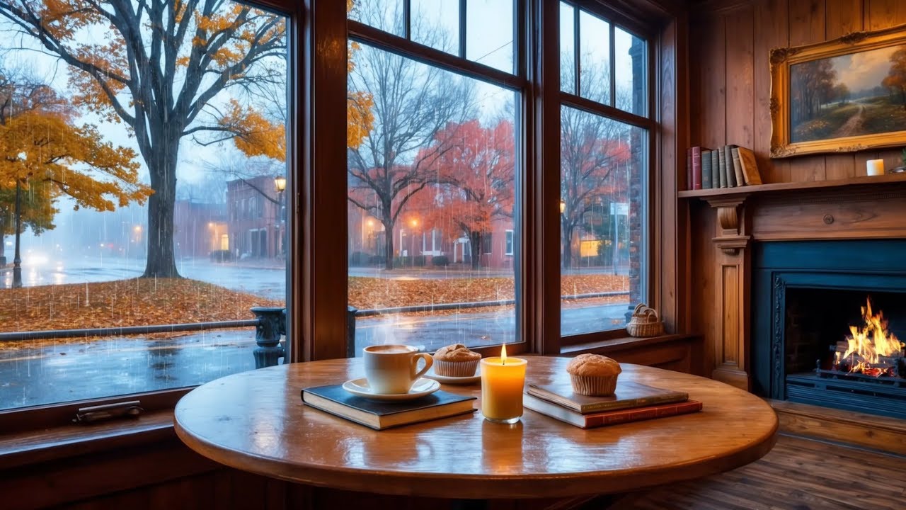 Cozy Autumn Ambience 🍂☕Relax by the Fireplace | Ambient Rain Sounds for ...