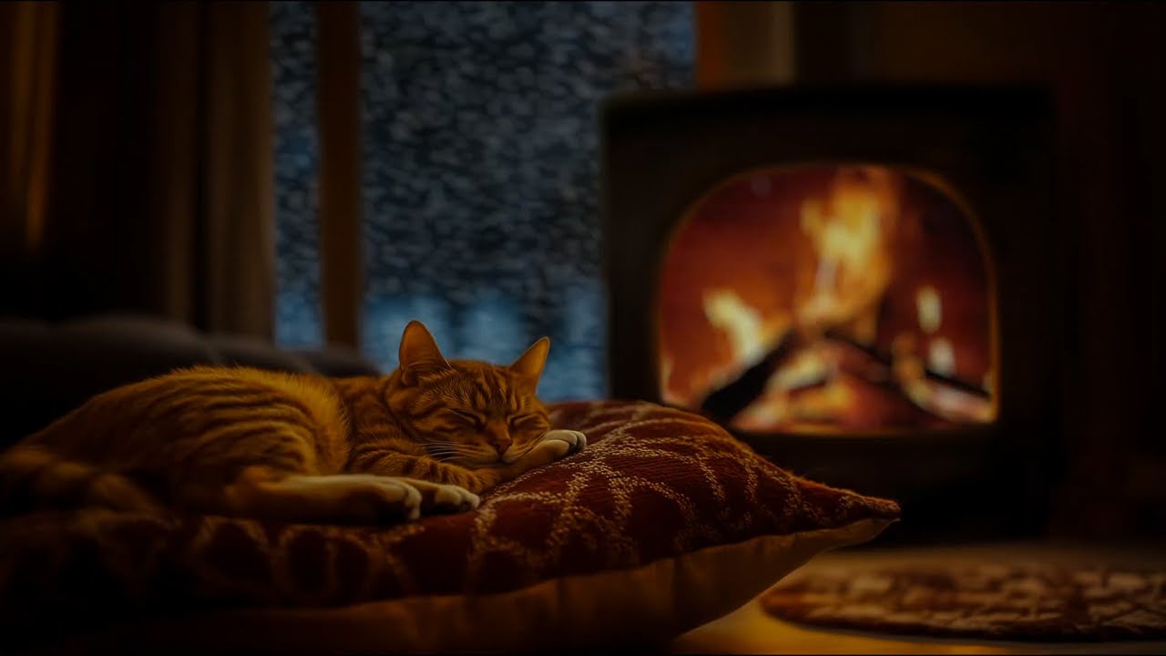 Deep Sleep, Calm & Meditation Sounds ️ Sleeping Cat by the Fireplace ...