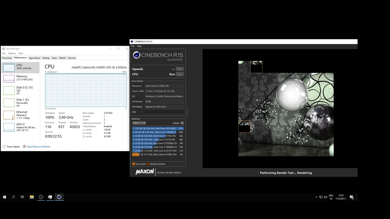 cinebench r15 intel celeron g5905 - YouTube