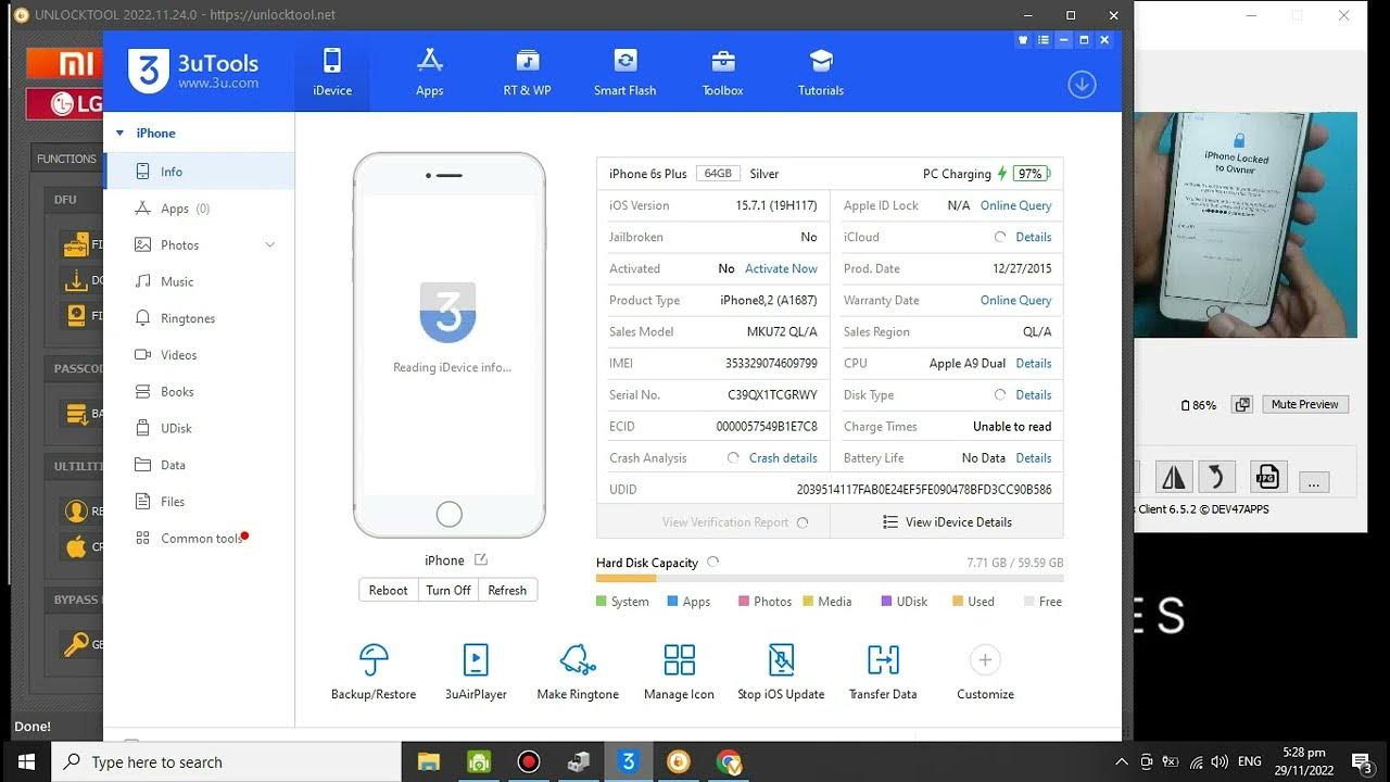 BYPASS IPHONE 6S PLUS IOS15 | UNLOCKTOOL - YouTube