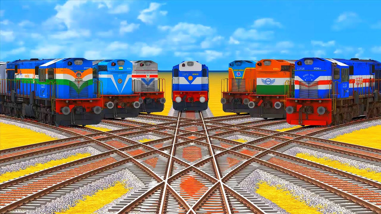 7 COLORFUL TRAINS CROSSING ON CRISS-CROSS CURVED SHARP BEND RAILROAD ...