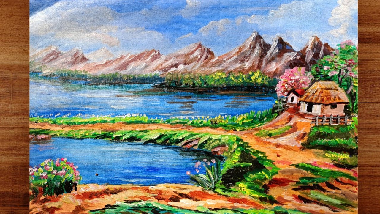 How to draw a river landscape scenery||with acrylic colour|| - YouTube