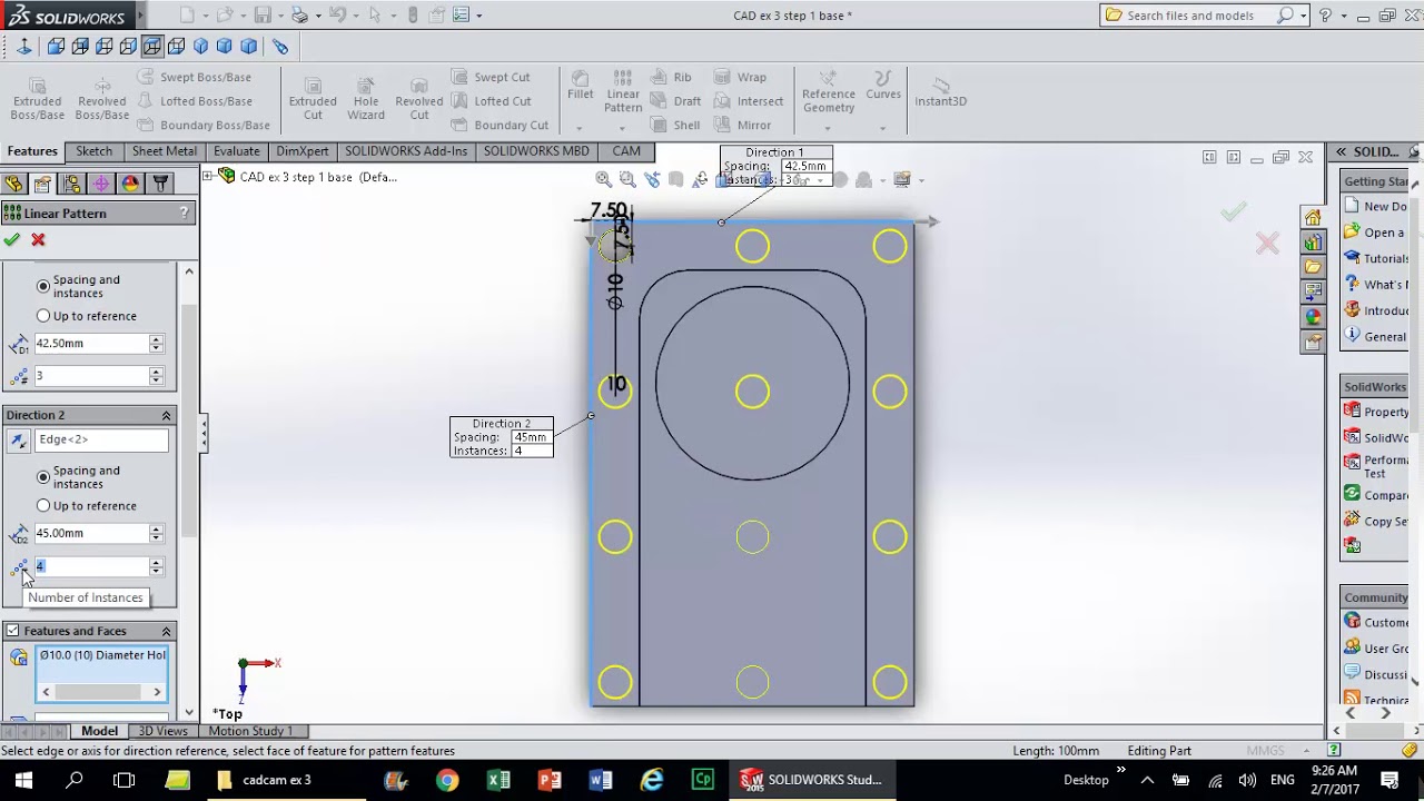 CAD ex 3 step 5 linear pattern seeds s - YouTube
