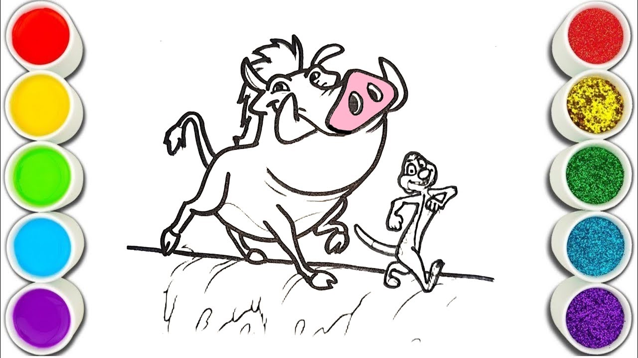Timon and Pumbaa Painting and Coloring for Kids, Toddlers Easy Drawing ...