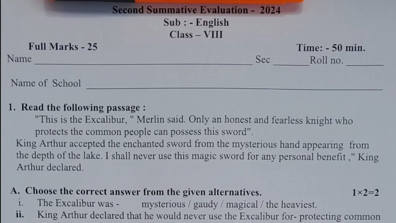 class 8 english 2nd unit test question paper 2024 | class 8 english 2nd ...