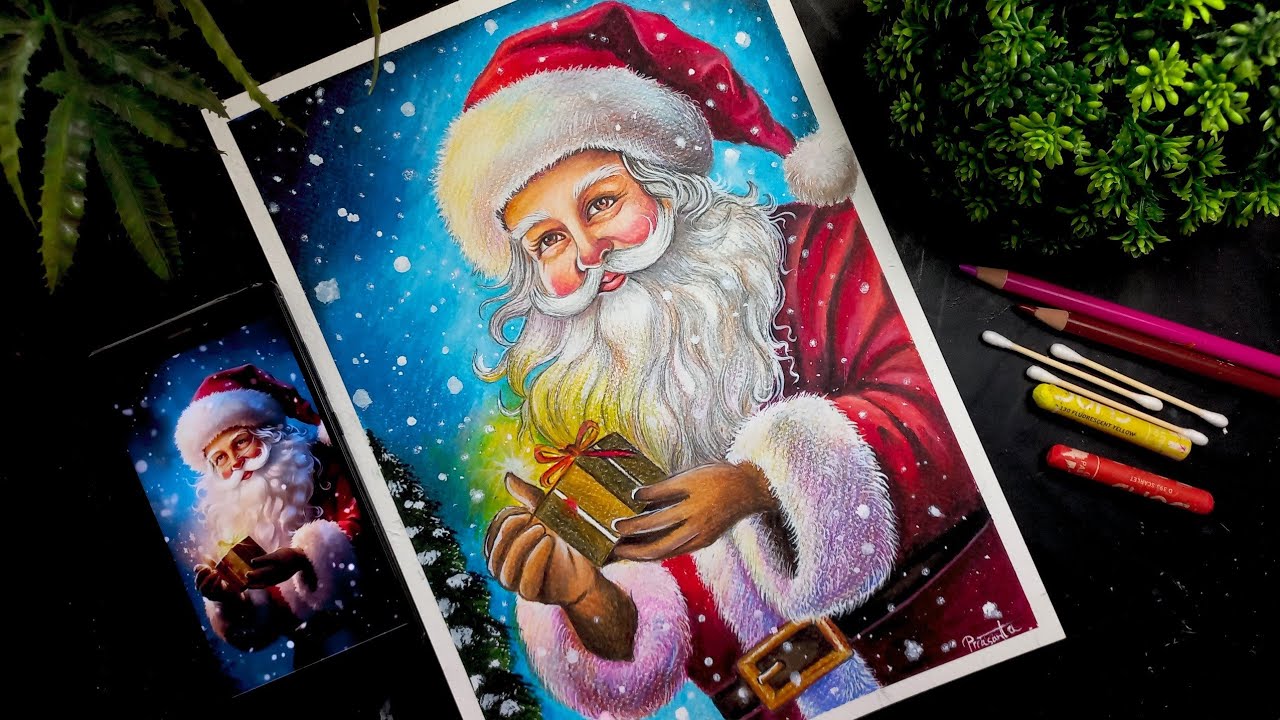 Christmas Day Drawing, Santa Claus Drawing, Santa Drawing, Oil Pastel ...