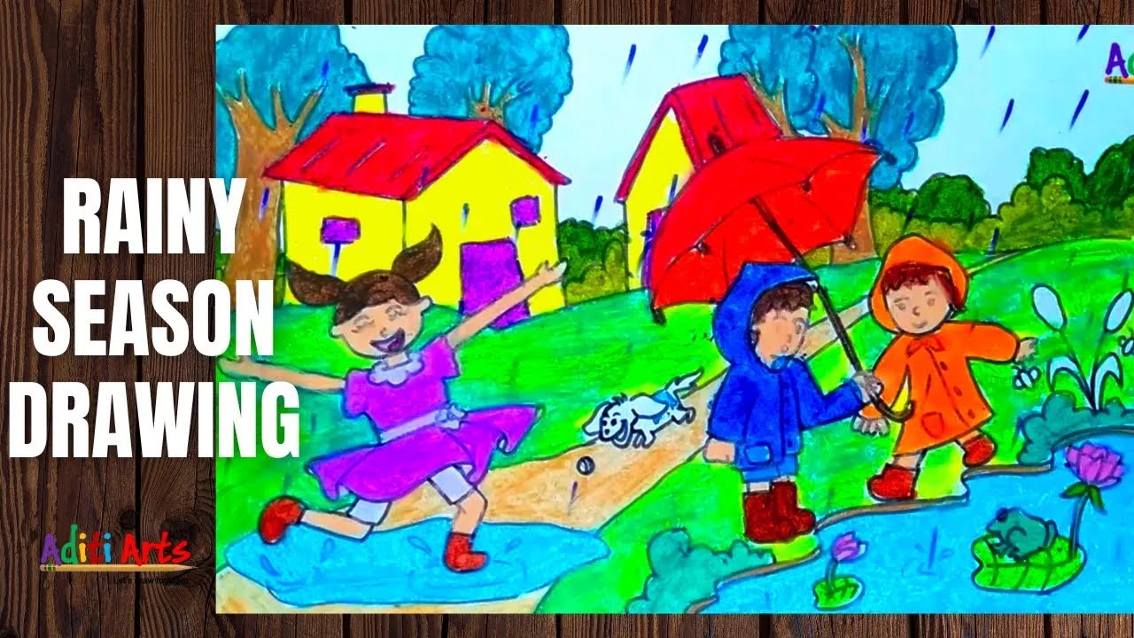 How to draw kids playing in Rain | Drawing on rainy day | Drawing for ...