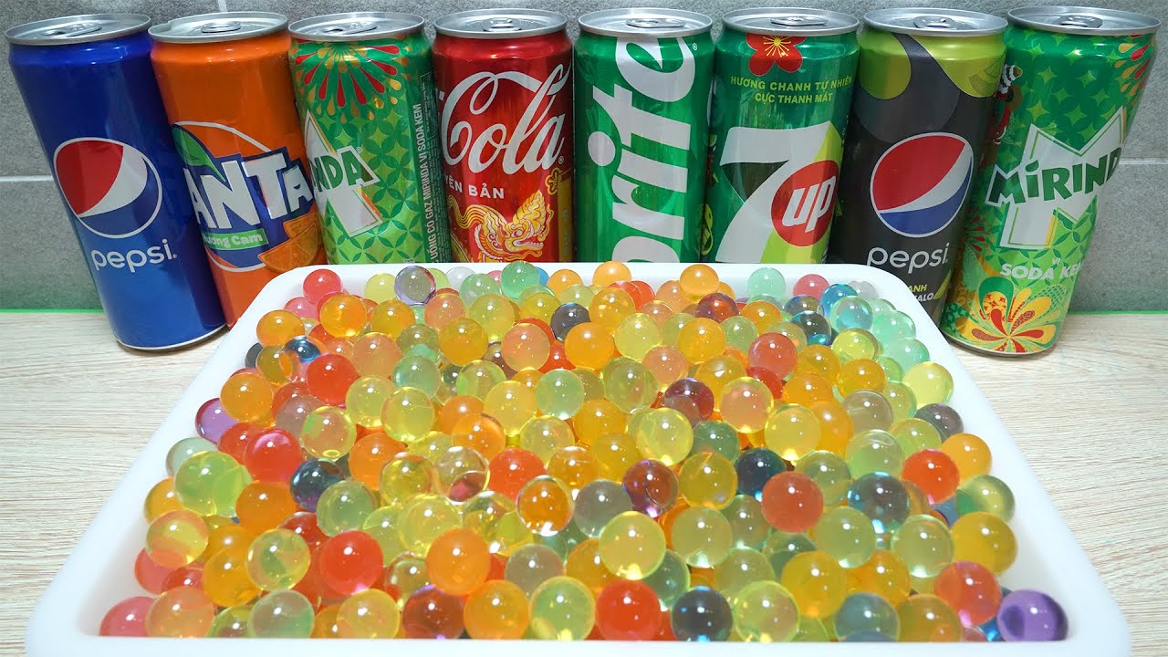 Water beads in Coca Cola, Fanta, Pepsi, Sprite, 7 up, Mirinda can, satisfying [Fun ASMR TECHS ...