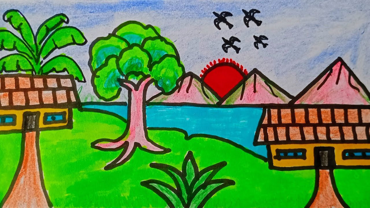 Gram Aka || গ্রাম আঁকা || How to draw a village scenery || scenery ...
