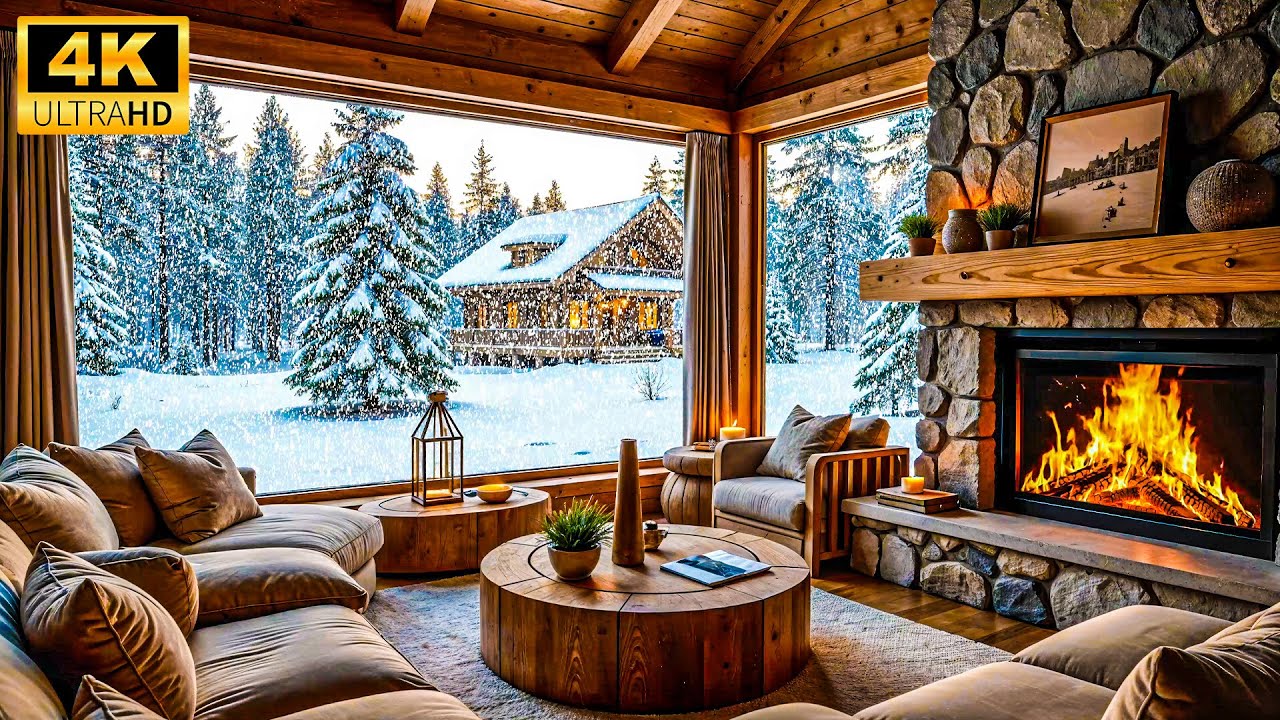Cozy Winter Cabin Fireplace Ambience [4K UHD] | Relaxing Snowfall ...