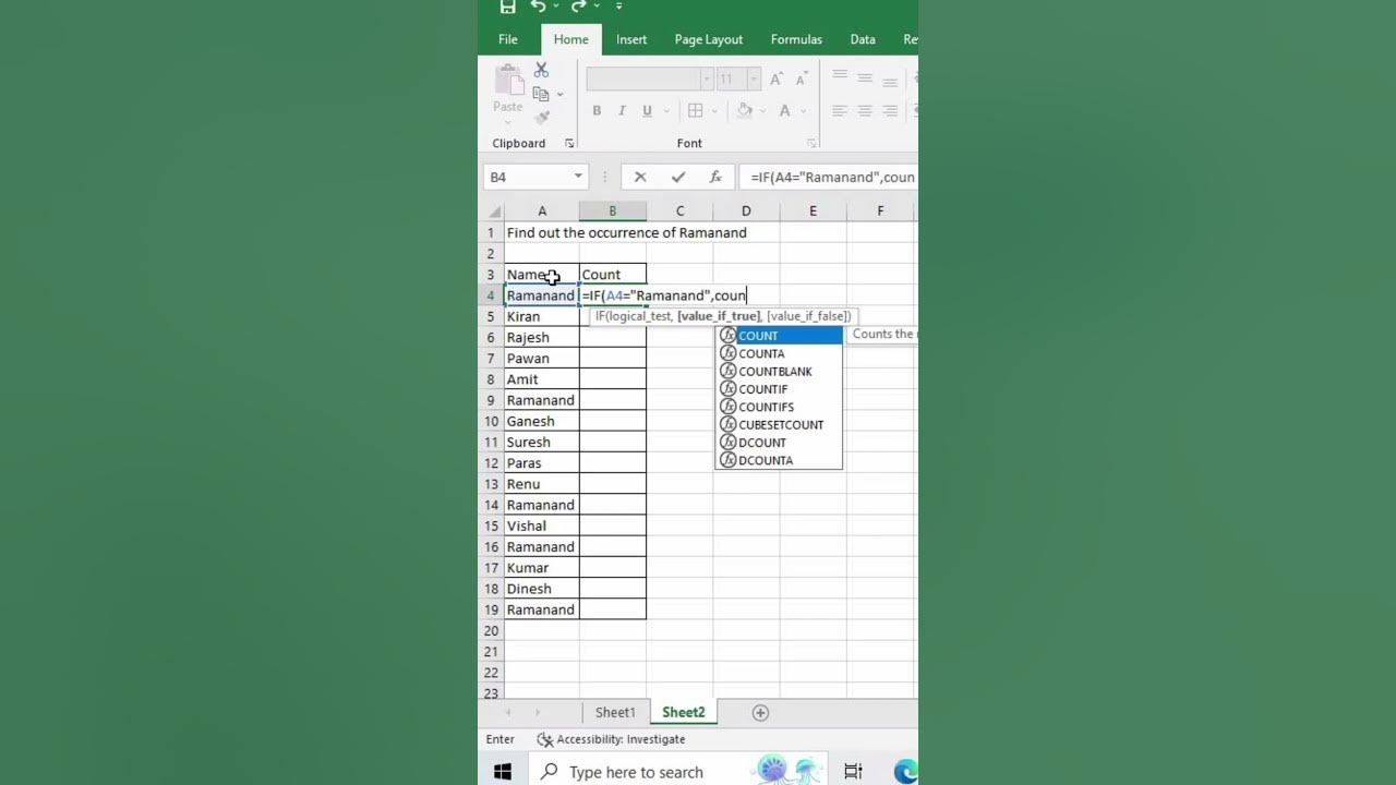 occurrence count in Excel || #excel #shortvideo #shorts - YouTube