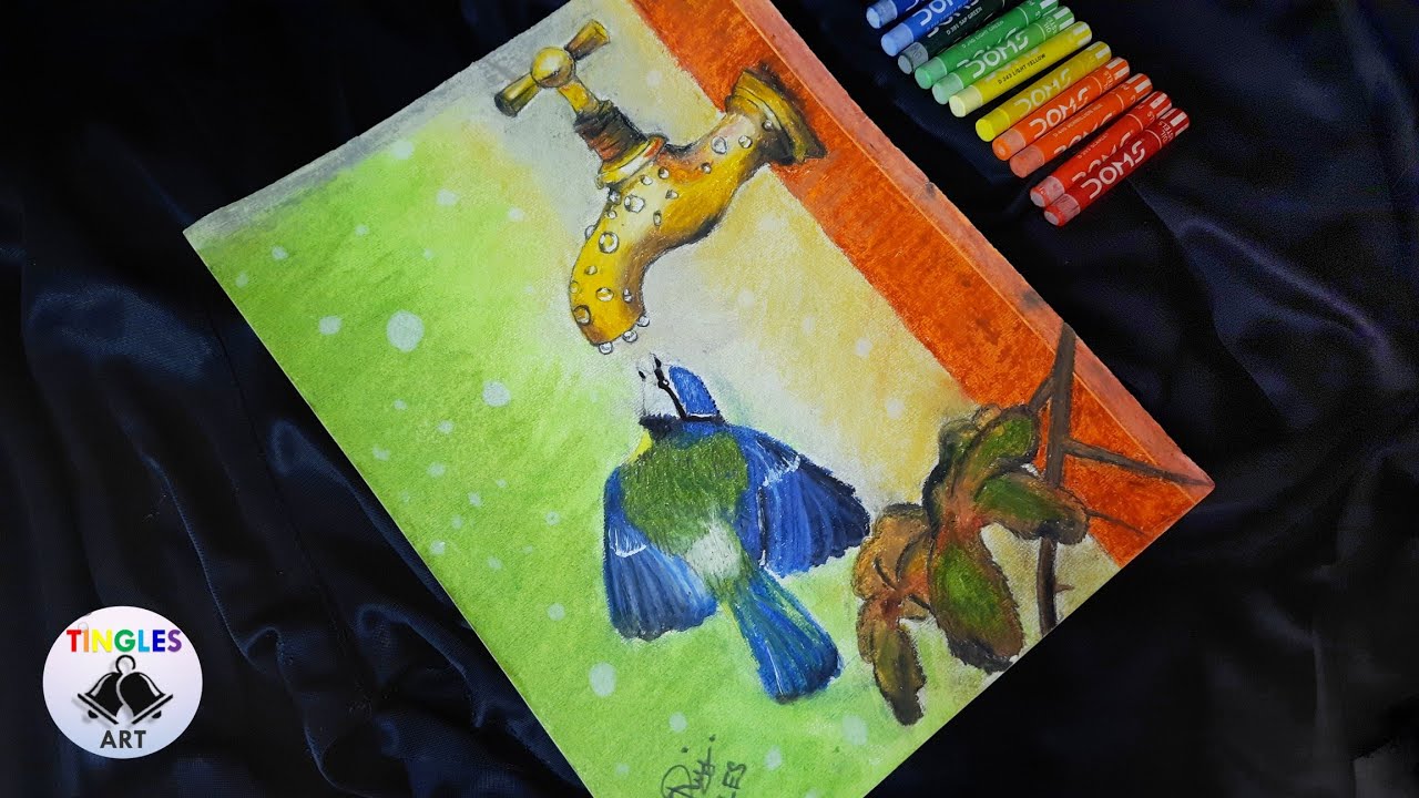 How to draw BIRD SEARCHING WATER DROP | SAVE WATER | Tingles Art | Oil ...