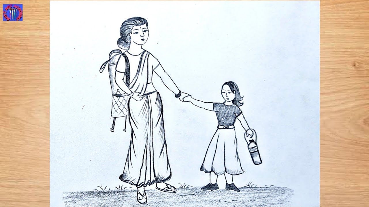How to draw a girl going to school with her mom || girl drawing ...