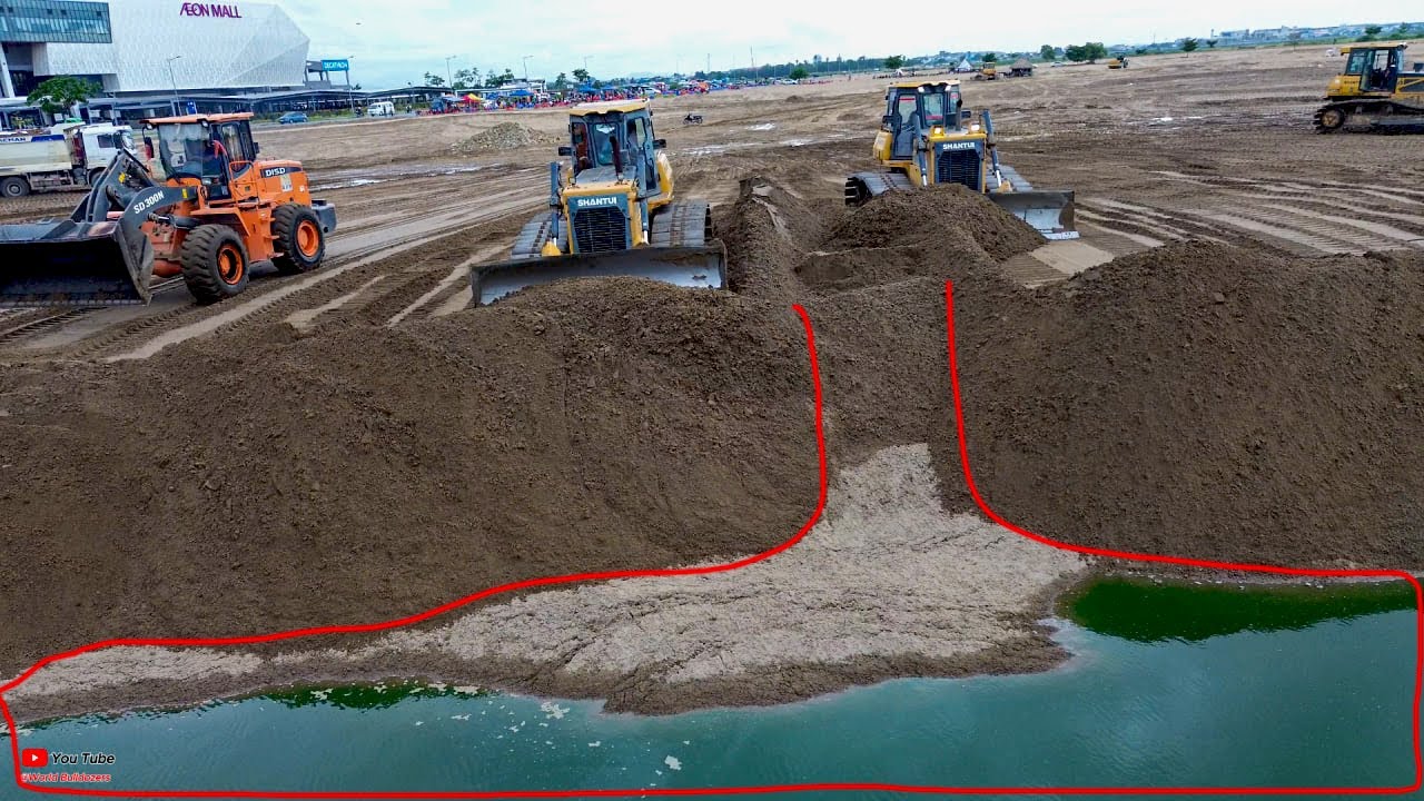 Evening Working SHATUI DH17c2 Pushing Sand Into Lake | Dump Truck 18 T Landfilling Uploading ...