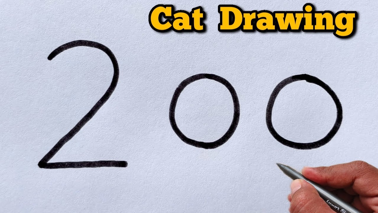 🐱 How to Draw a Cute Cat from Number 200 | Draw a Cat Using Number 200 ...