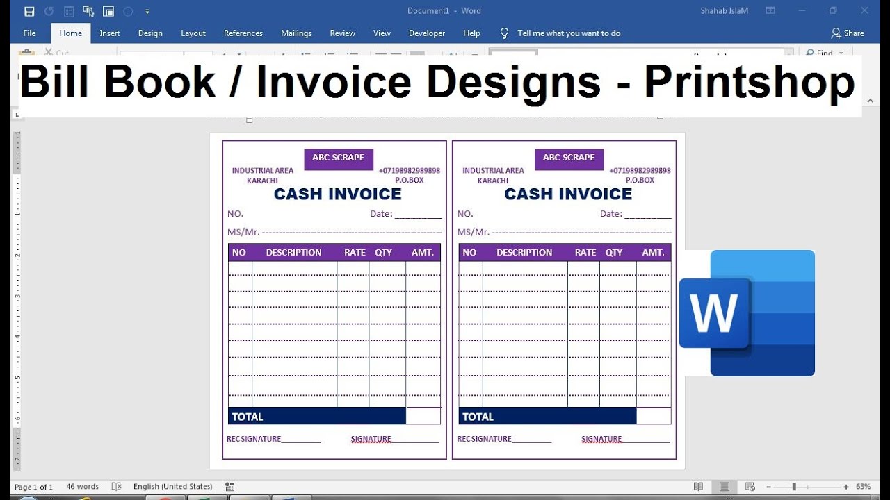 Bill Book Design Word Format YouTube