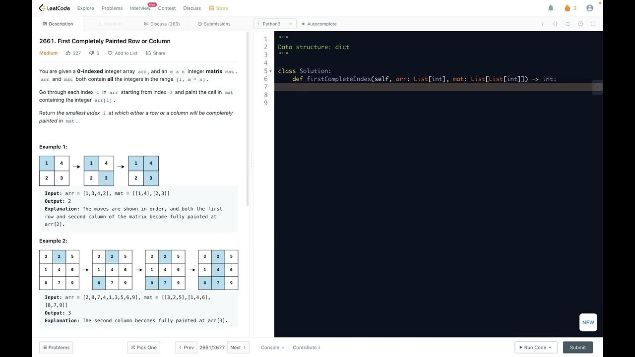 leetcode 2661. First Completely Painted Row or Column - the use of dictionary - YouTube