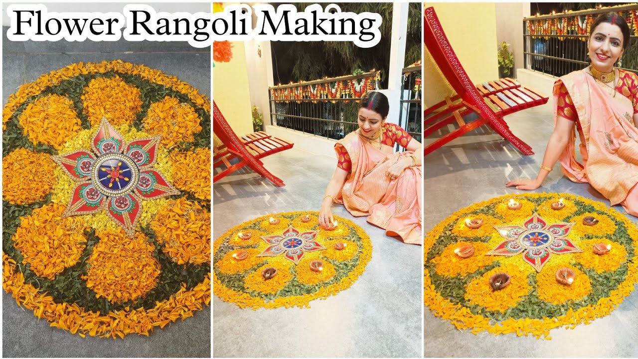 Flower Rangoli Tutorial|| Flower Rangoli design idea || Flower Rangoli ...