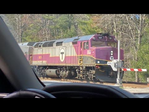 MBTA F40PH-3C 1031 leads 1049 out of Halifax station with more bilevel ...