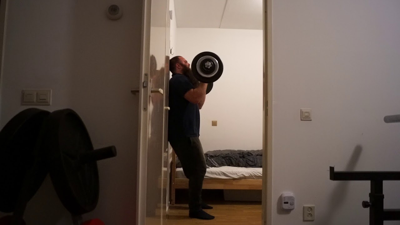 53,5 kilogram EZ curl bar strict bicep wall curls x 3 - YouTube