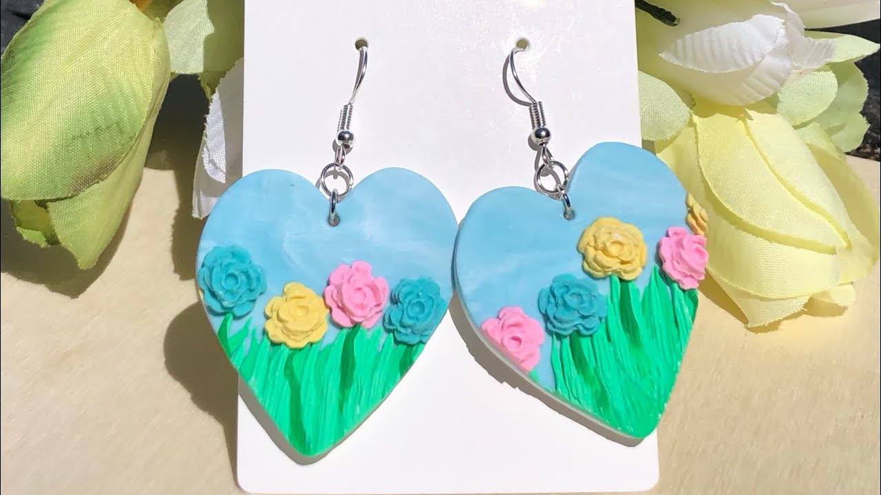 Making Polymer Clay Spring Flower Field Portrait Earrings - YouTube