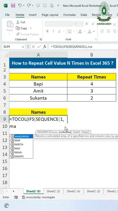 How to Repeat Cell Value N Times in Excel ? #msexcel #exceltricks #exceltutorials #tocalfunction ...