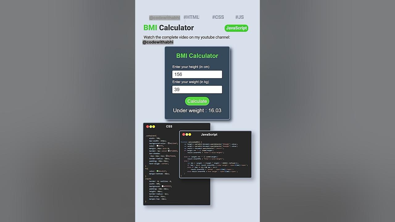 Create BMI Calculator #coding #jsdev #code #htmlcssjavascript #trending #shorts #short # ...
