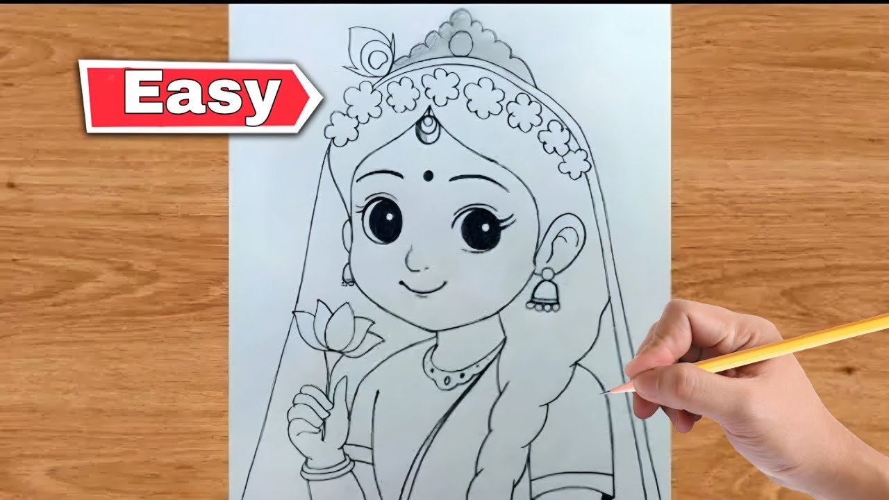 Radha Rani God easy pencil outline drawing /Krishna Radha art step by ...
