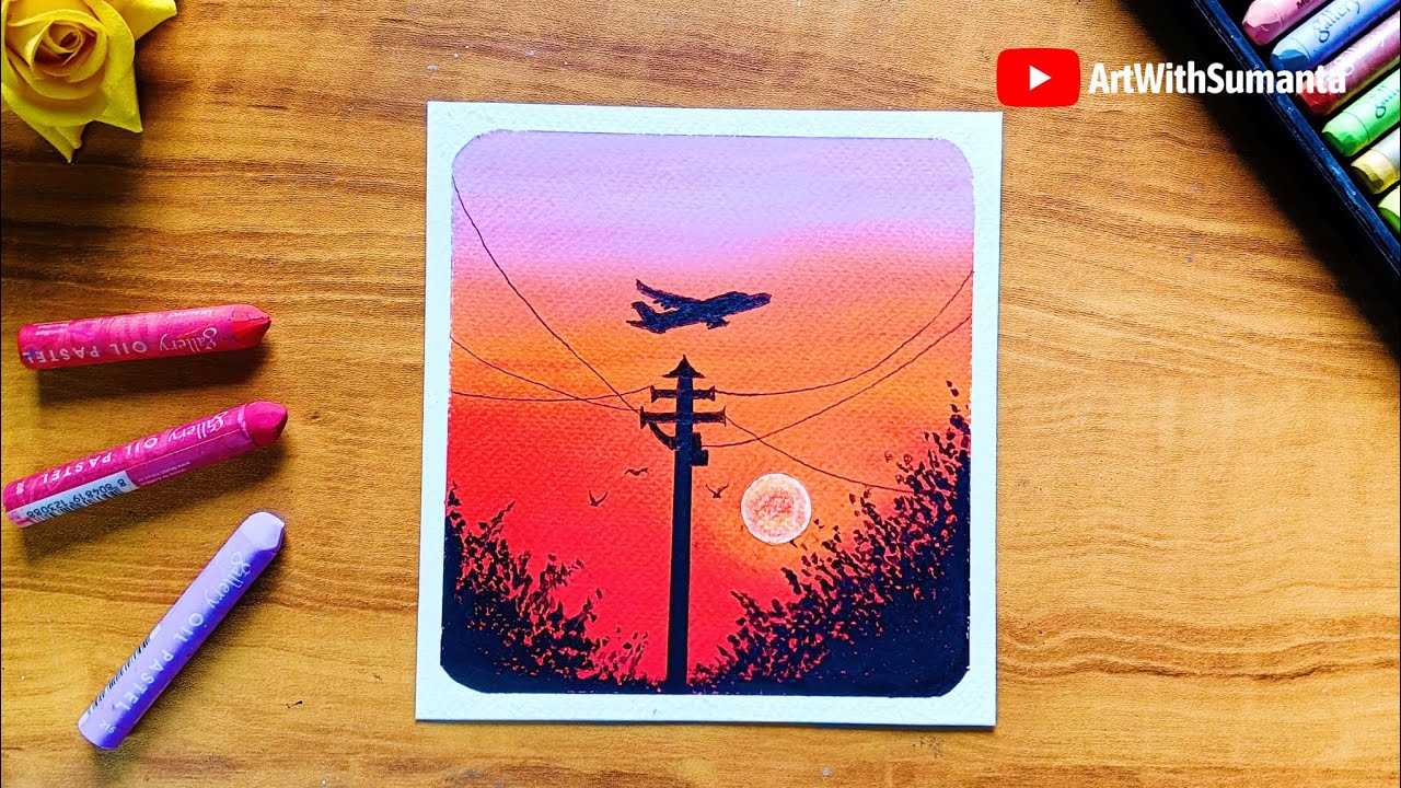 Sunset Power Lines Drawing with Oil Pastels | Easy & Beautiful Sky Art ...