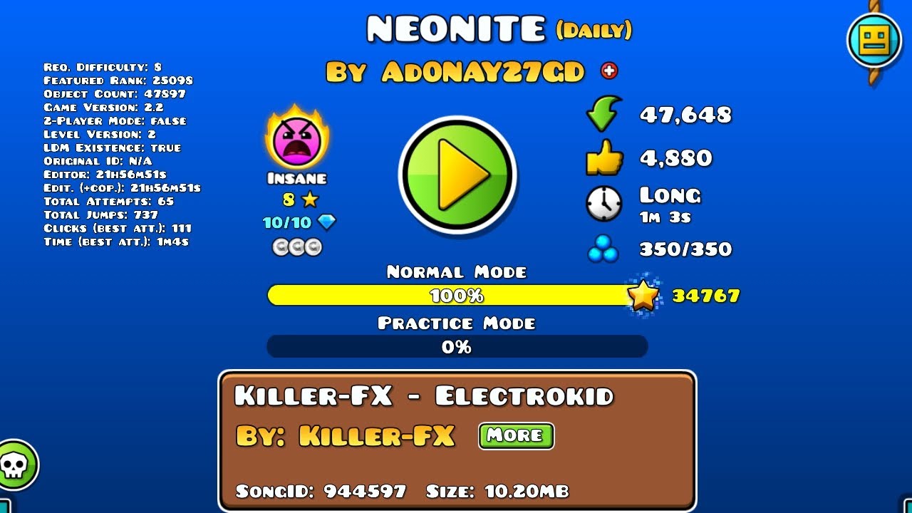 Neonite By Ad0NAY27GD 100% With all coins Geometry Dash Daily Level ...