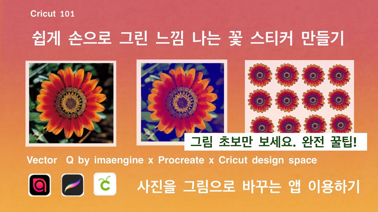 [크리컷 초보] 완전 쉽게 꽃 스티커 만드는 법 ( 사진을 그림으로 바꿔주는 앱 Vector Q Imaengine x ...