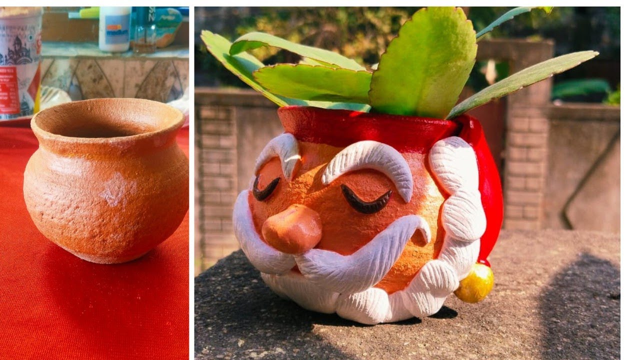 Diy Santa Claus planter with waste kulhad|| Christmas craft with clay ...