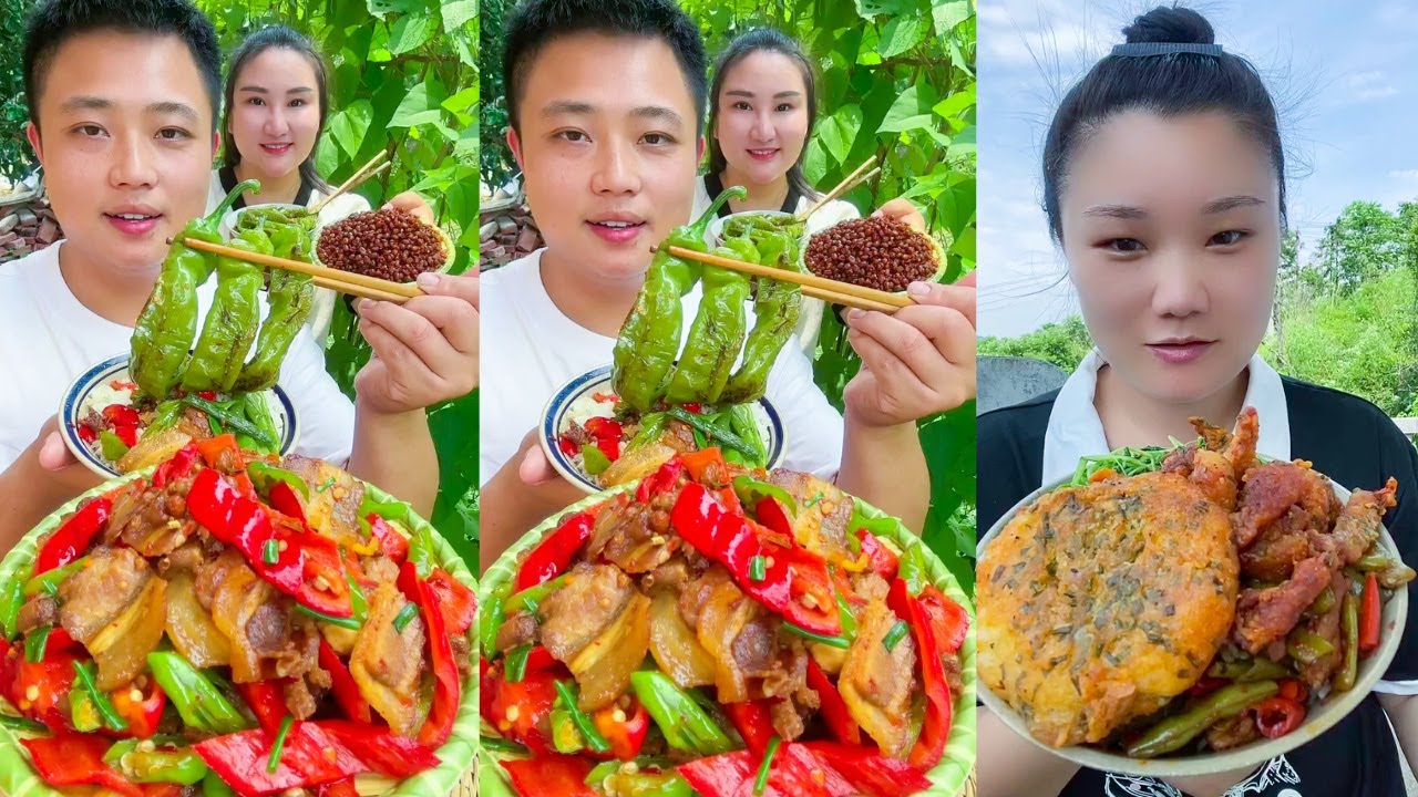 Rural Food: Eating Stir-Fried With Green Chili Peppers With Sister ...