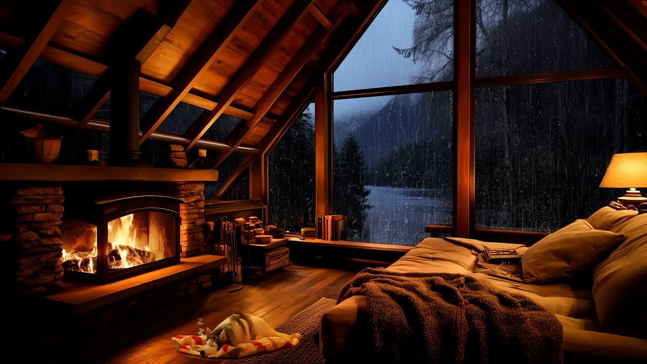 Rainy Day with Crackling Fireplace in a Cozy Hut Ambience and Smooth ...