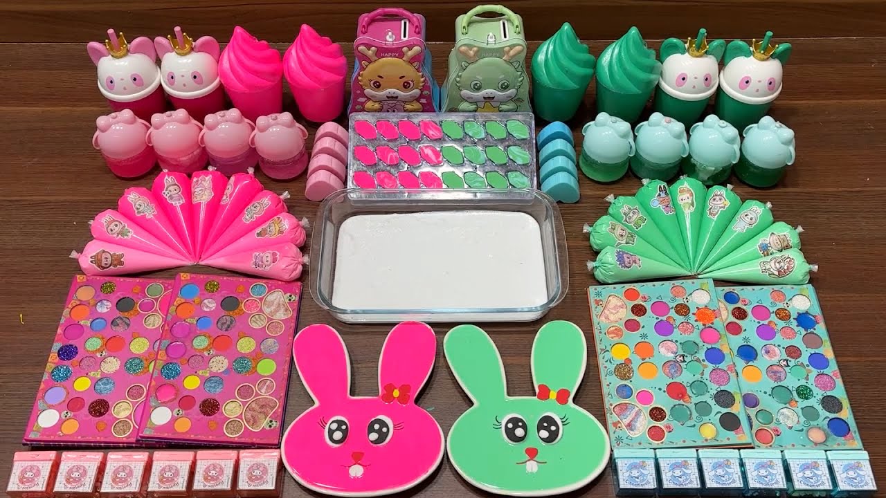 PINK vs MINT RABBITS I Mixing random into Glossy Slime I Relax with ...