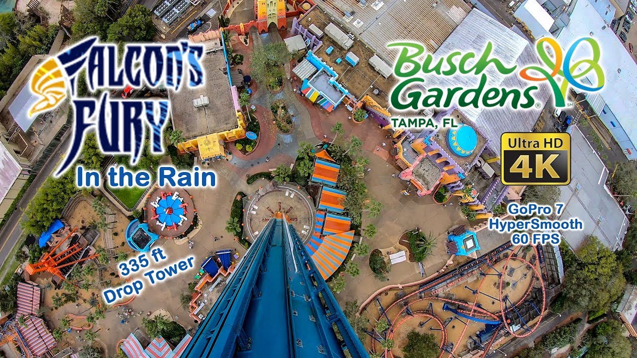2019 Falcon's Fury in the Rain 335 ft Drop Tower On Ride Ultra HD 4K ...