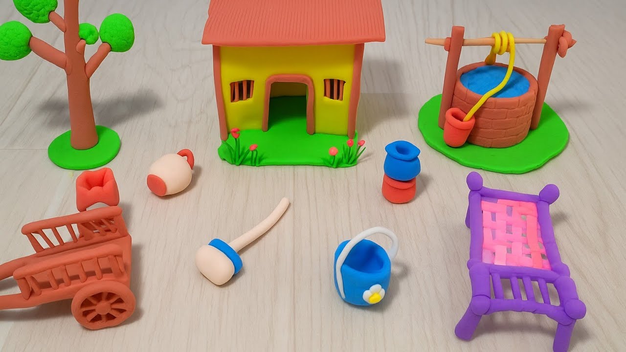 DIY How to make polymer clay miniature house, kitchen set, water well ...