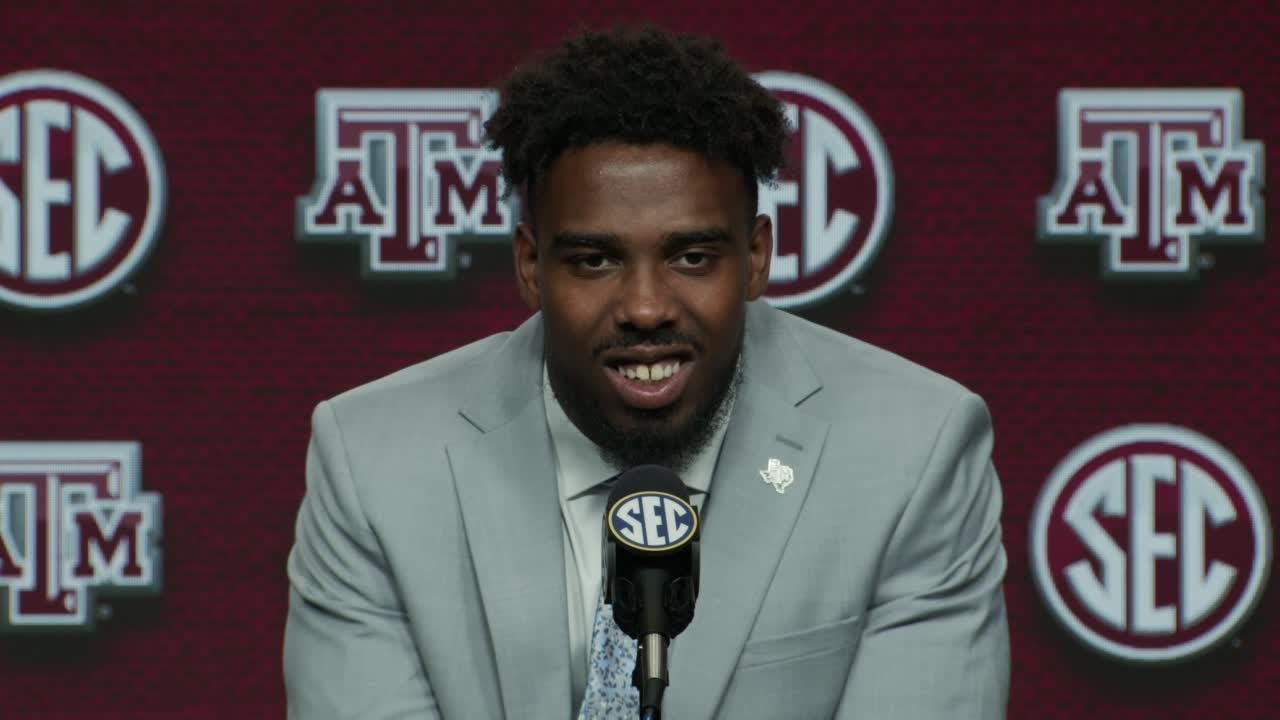 Texas A&M DL Fadil Diggs fields questions at 2023 SEC Media Days - YouTube