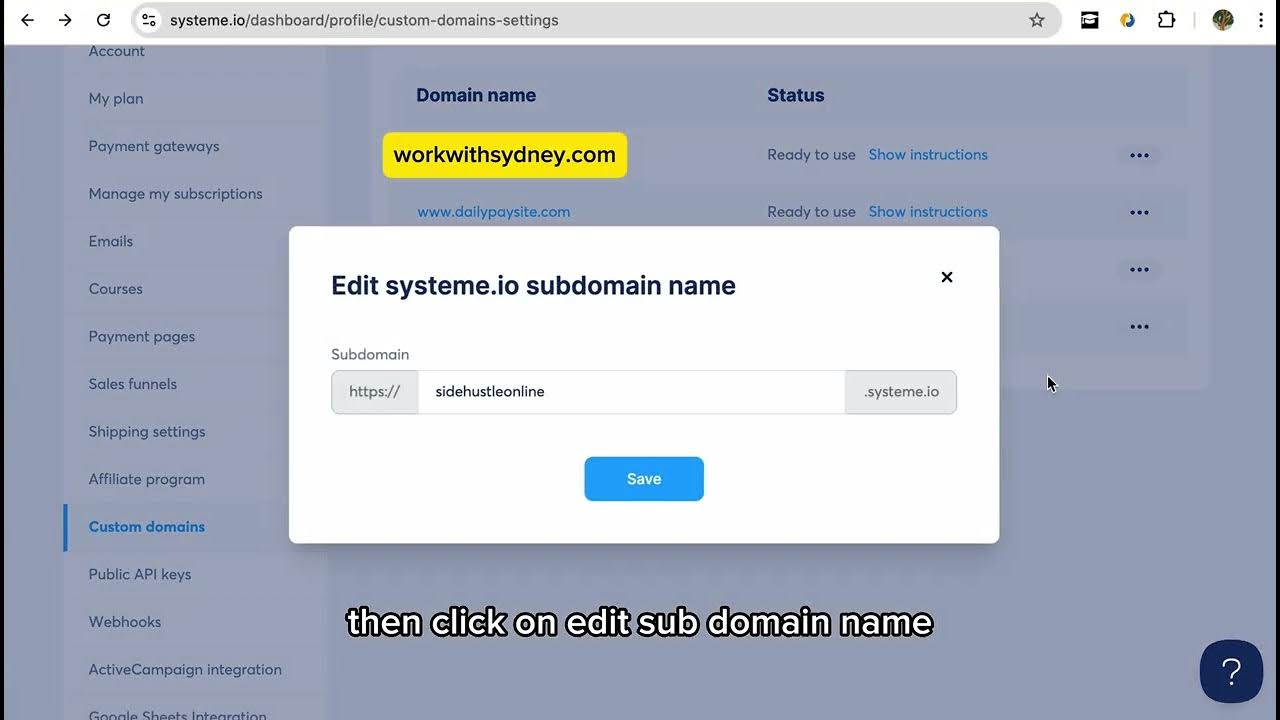 How to change your subdomain name in systemeio workwithsydney - YouTube